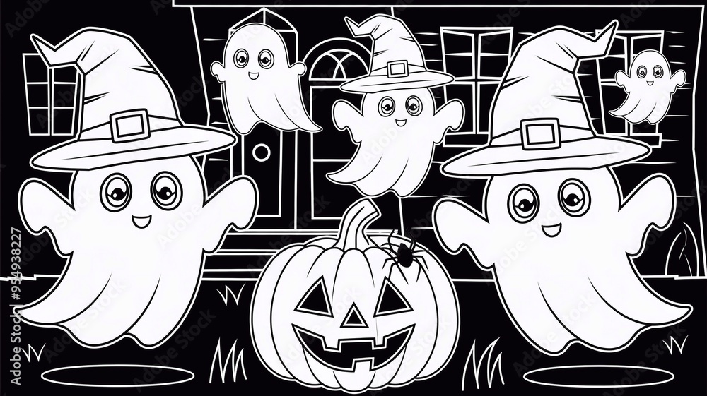 Cute ghosts wearing witch hats outline doodle cartoon illustration ...