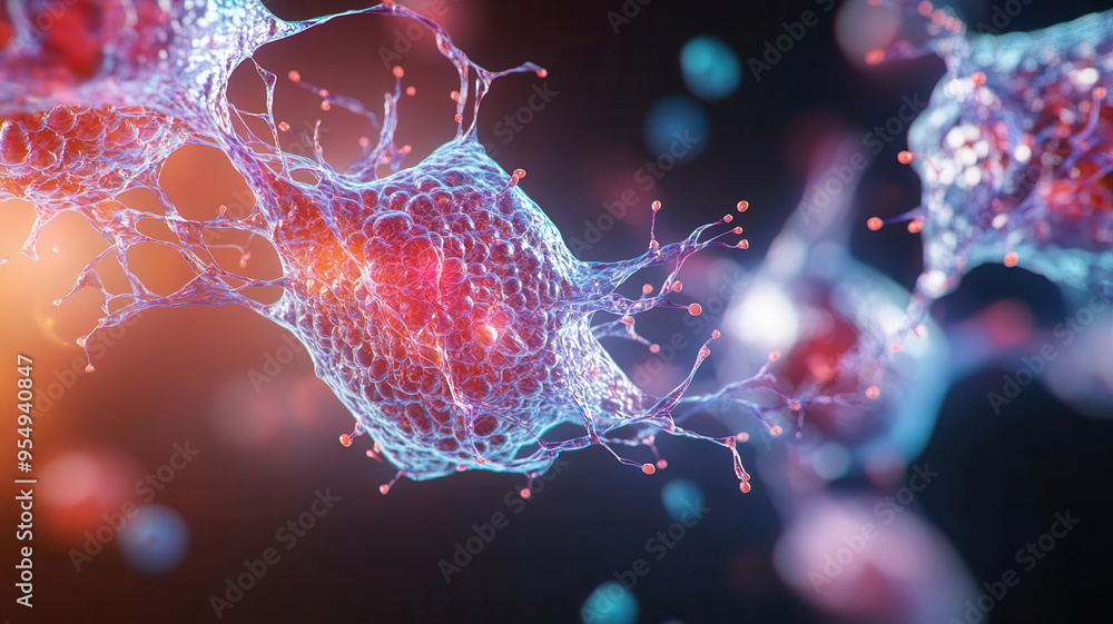 Artistic microscopic image of cell membranes interacting, showing ...