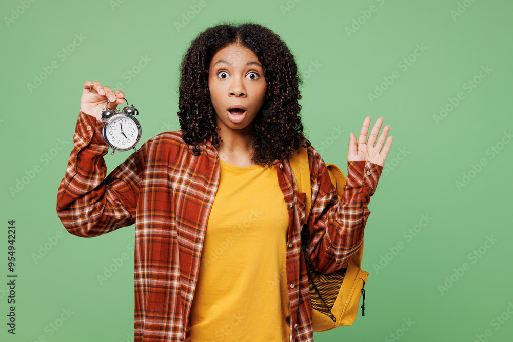 Young sad shocked scared teen girl student she wear brown yellow casual ...