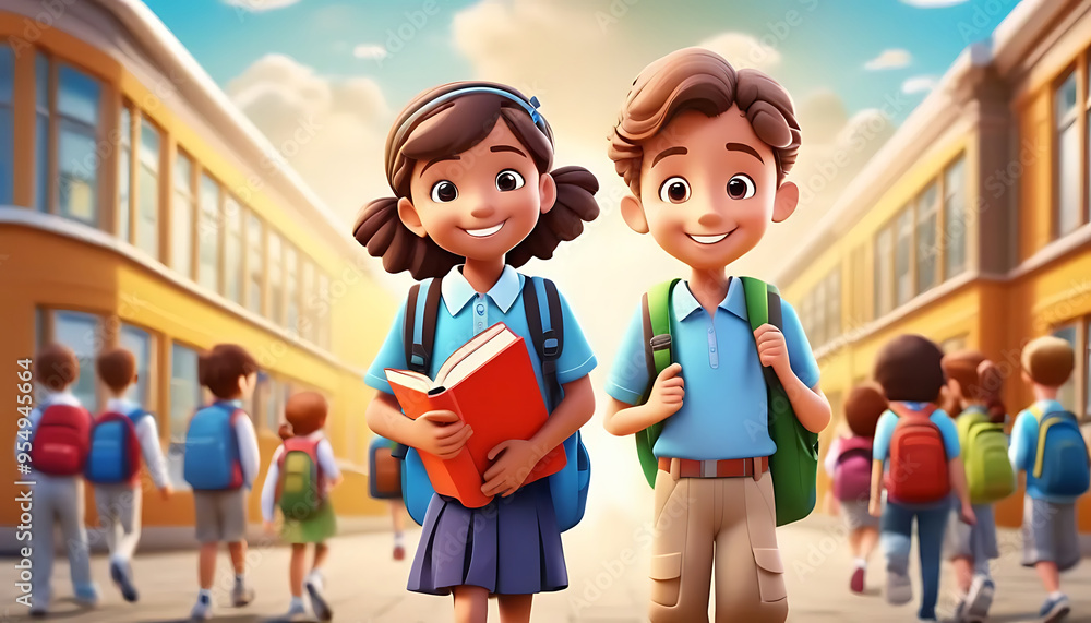 3D student girl and boy wearing a backpack in school by ai generated ...