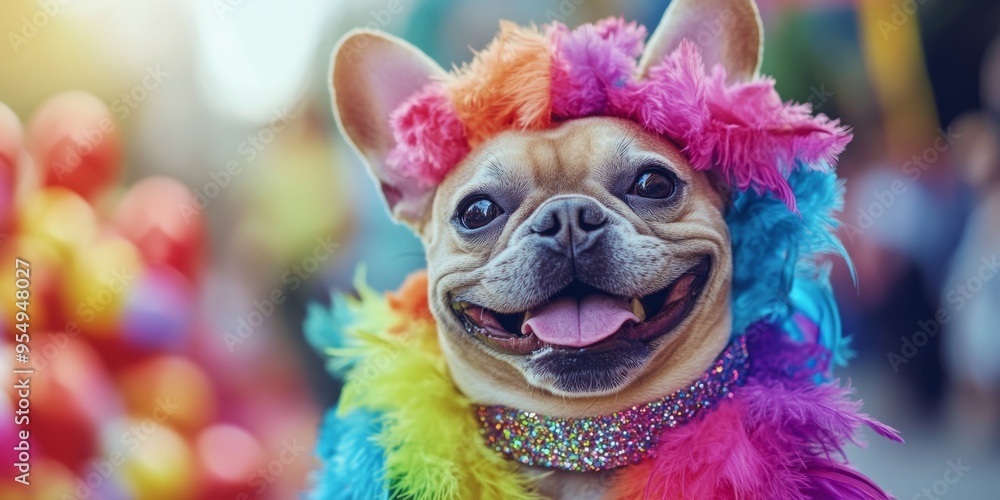 Portrait of a happy french bulldog dressed as Carnival with makeup, wig ...