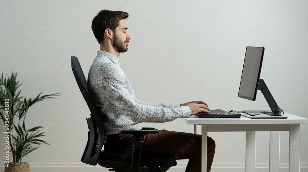 Office worker sitting with correct posture at desk typing on keyboard ...