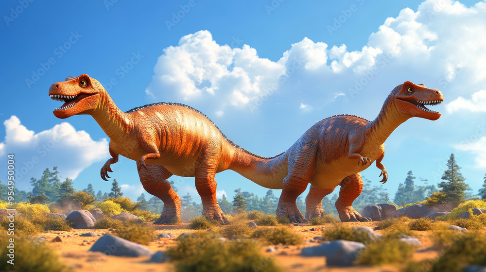 Two animated dinosaurs roam a sunny landscape, showcasing vibrant ...