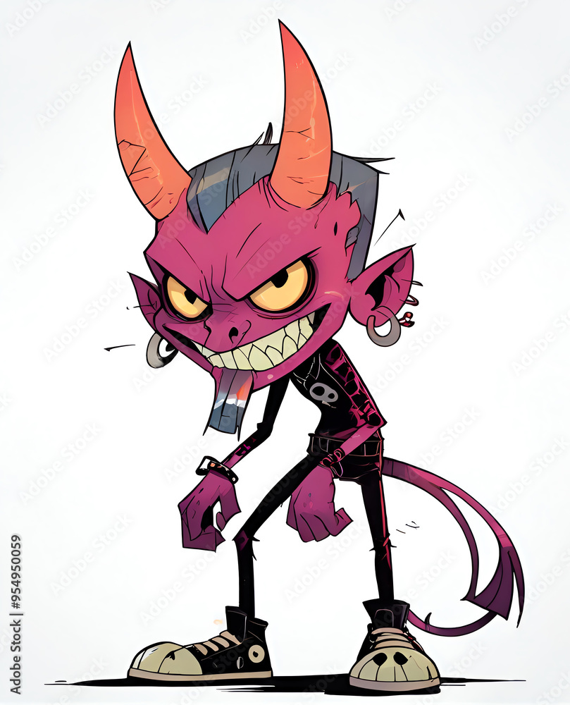 A mischievous cartoon devil with horns and a tail, wearing a black ...