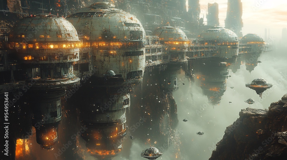 Concept art of deepspace alien prison with floating cells harsh ...