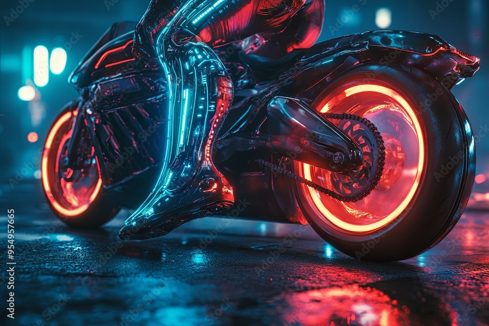 Cyberpunk Racer with Bionic Legs Ready to Race on a Futuristic Bike at ...