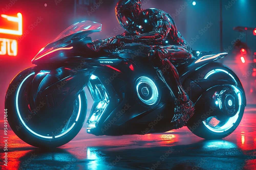 Cyberpunk Racer with Bionic Legs Ready to Race on a Futuristic Bike at ...