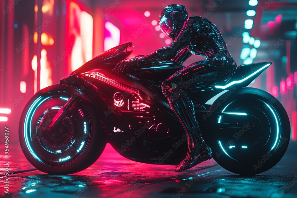 Cyberpunk Racer with Bionic Legs Preparing to Take Off on a Futuristic Bike at an Underground ...