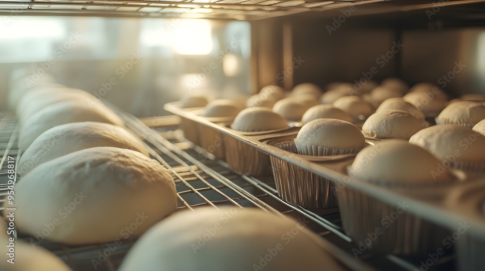 Baking bread dough rising in buttered tins on an oven tray at the ...