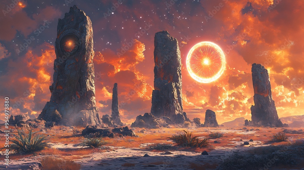 Concept art of alien planet landscape featuring strange rock formations ...