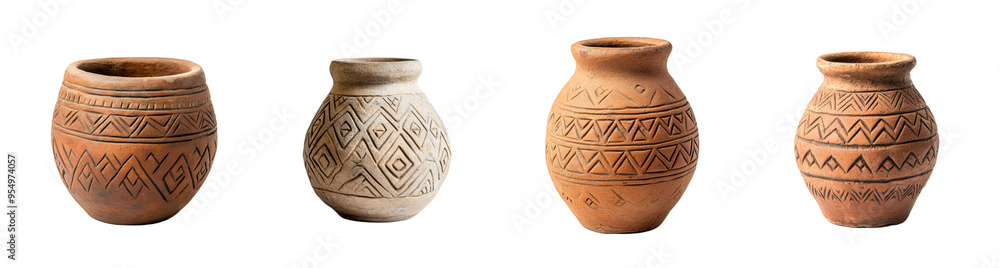 Collection of traditional handmade African clay pots with intricate ...