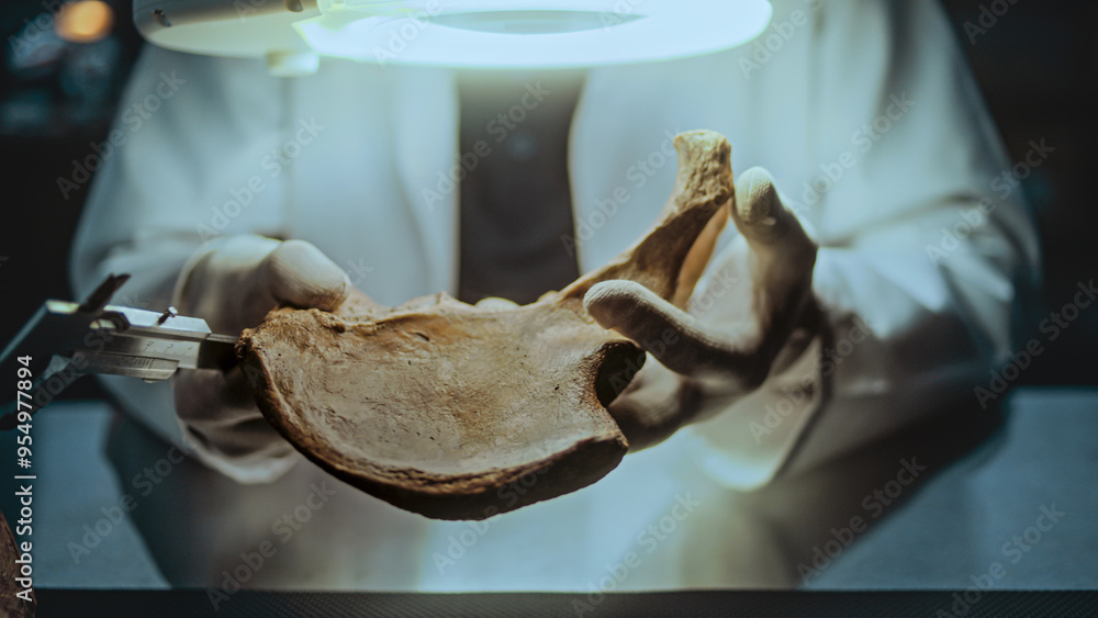 Senior archaeologist takes measurements of fossil bones using measuring ...