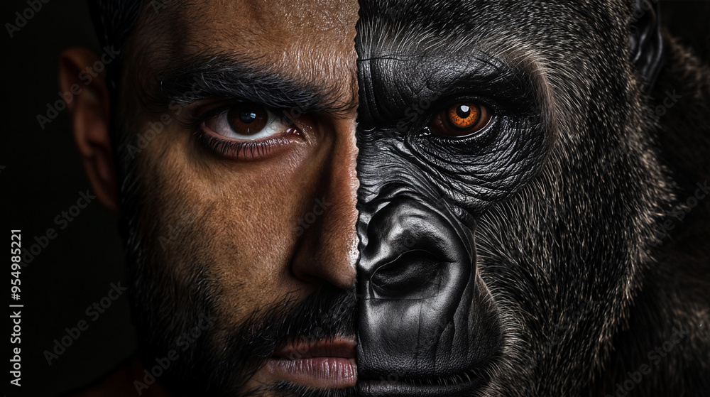 Dramatic Split Portrait of Human and Gorilla Faces, Emphasizing Primate ...