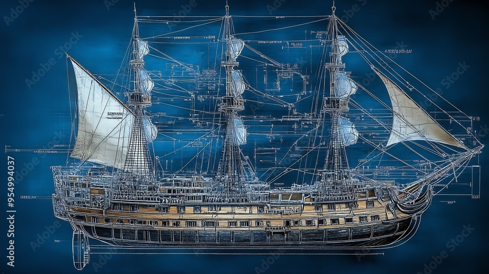 Detailed blueprint of pirate ship showing the deck sails cannons and ...
