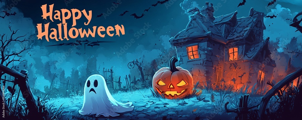 Cartoon ghost visiting a spooky haunted house on halloween night, with ...