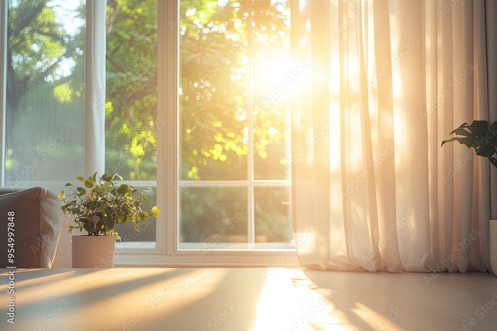 Blur living room at home with morning sunlight at big window for ...