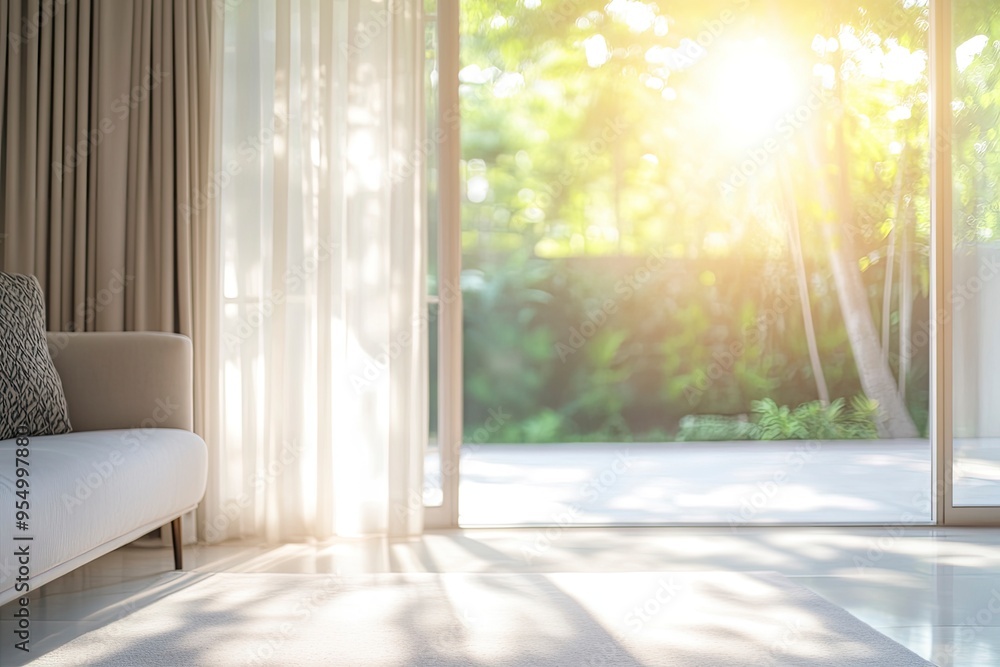 Blur living room at home with morning sunlight at big window for ...
