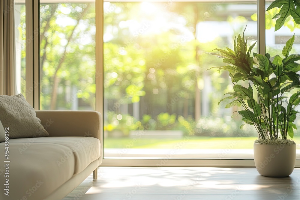 Blur living room at home with morning sunlight at big window for ...