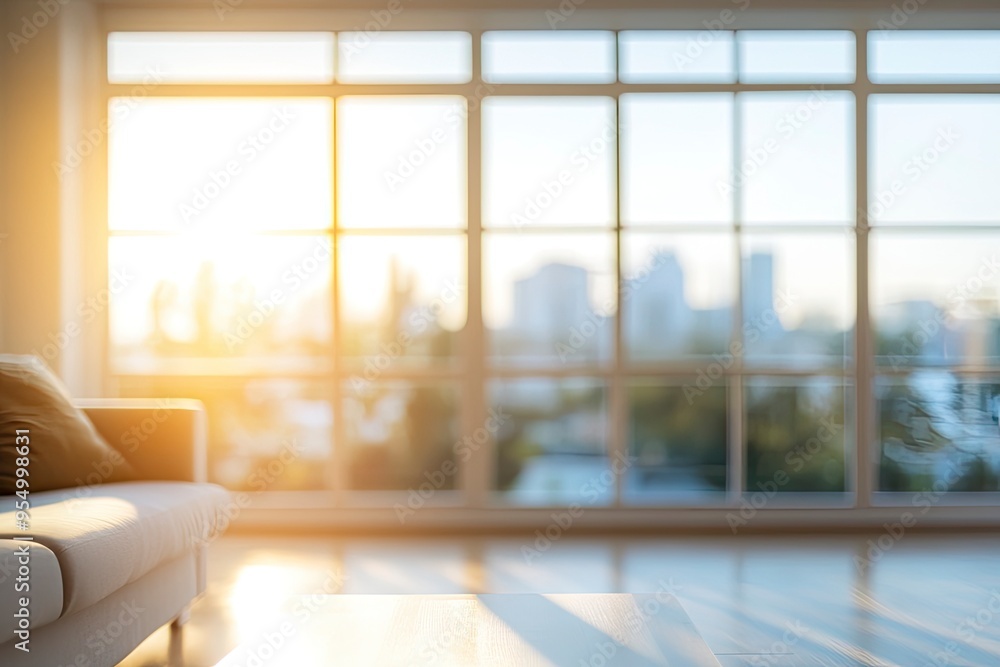 Blur living room at home with morning sunlight at big window for ...