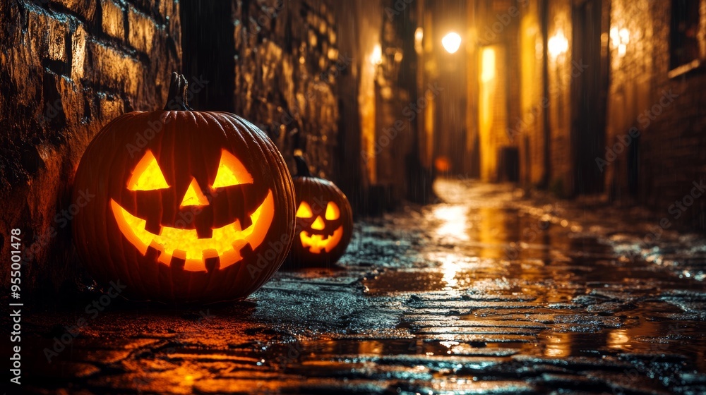 A spooky Halloween background showcasing a dark, creepy alleyway with ...