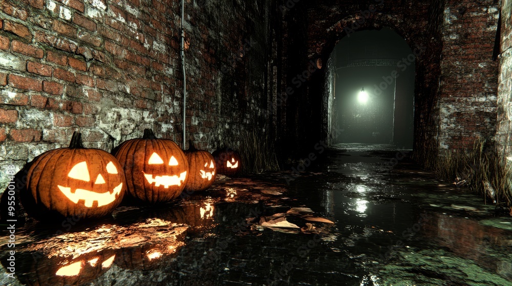 A spooky Halloween background showcasing a dark, creepy alleyway with ...