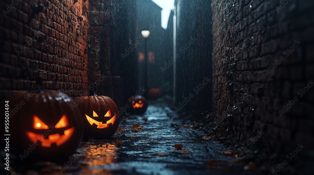 A spooky Halloween background showcasing a dark, creepy alleyway with ...