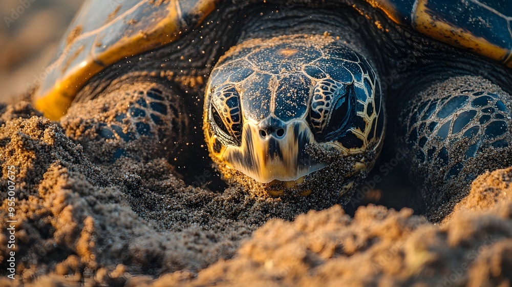Closeup shot of a sea turtle carefully digging a nest in the sand on a ...
