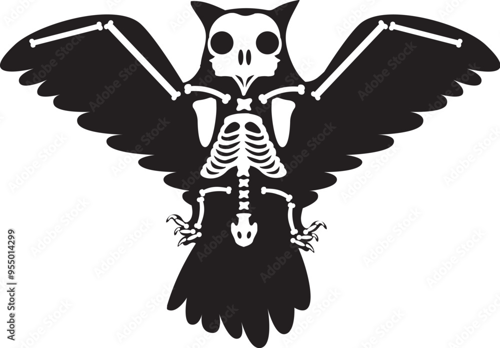 Silhouette Halloween flying eagle owl with roentgen skeleton bones ...