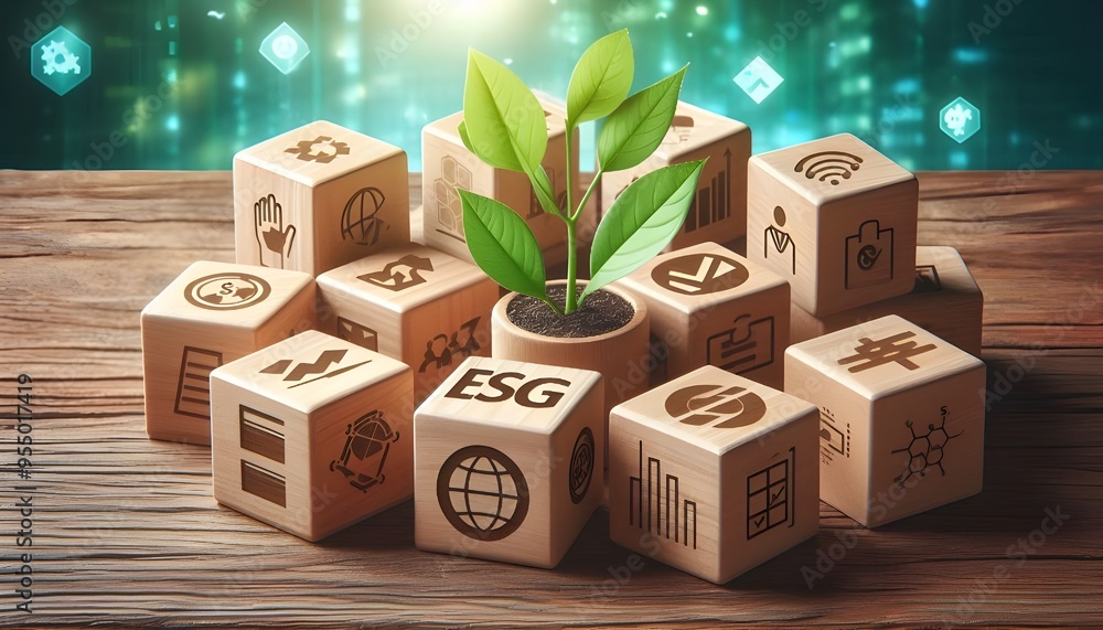 Wooden cubes with ESG icons and green plant symbolizing sustainable ...