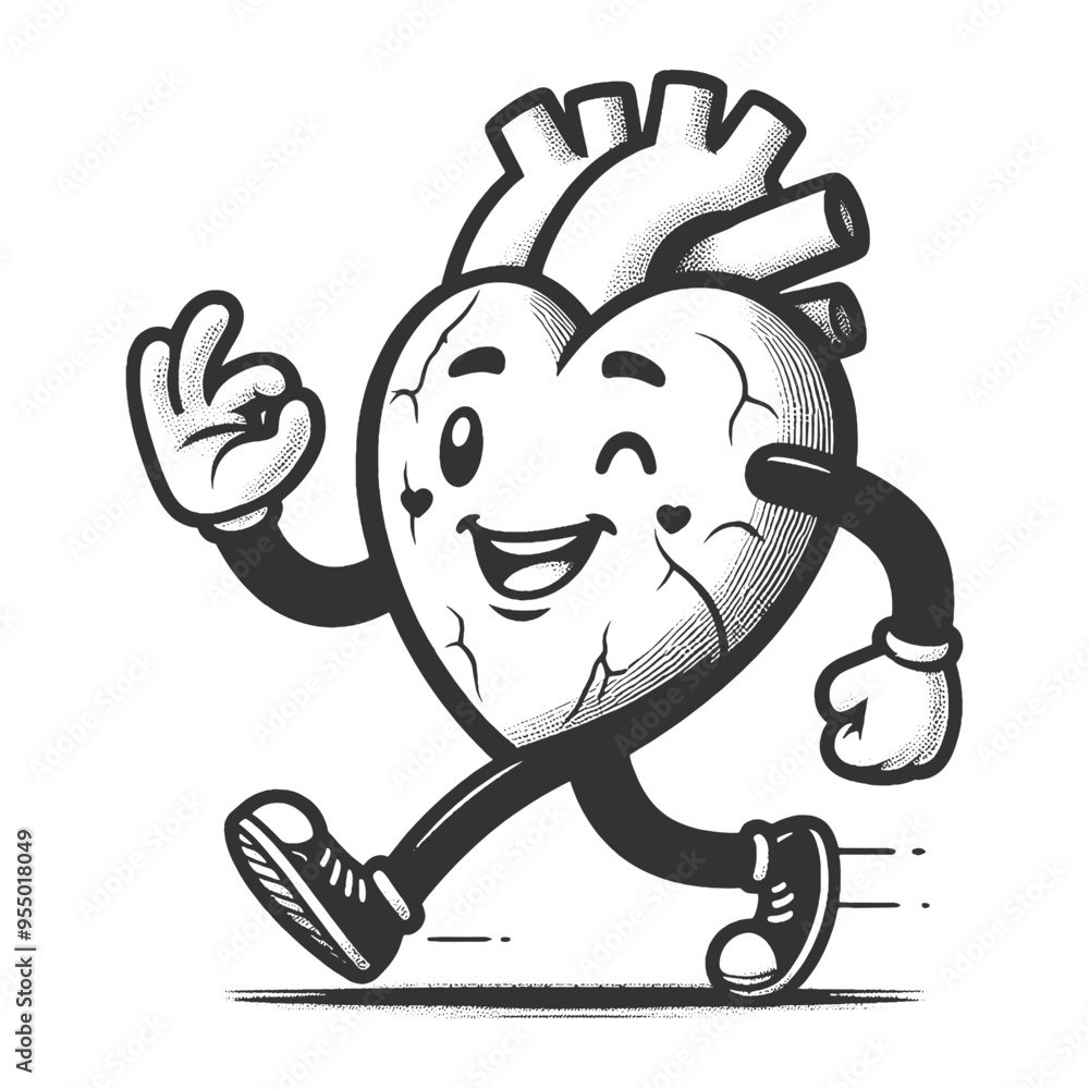 heart cartoon character walking confidently, with a winking face and ...