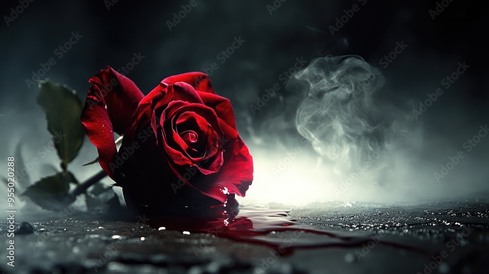 Red rose dripping blood onto the ground, illuminated by ethereal light ...