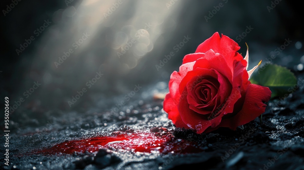 Red rose with blood on the ground, bathed in magical light, with a ...