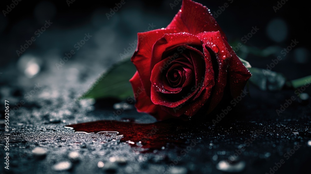 Red rose with blood on the ground, bathed in magical light, with a ...