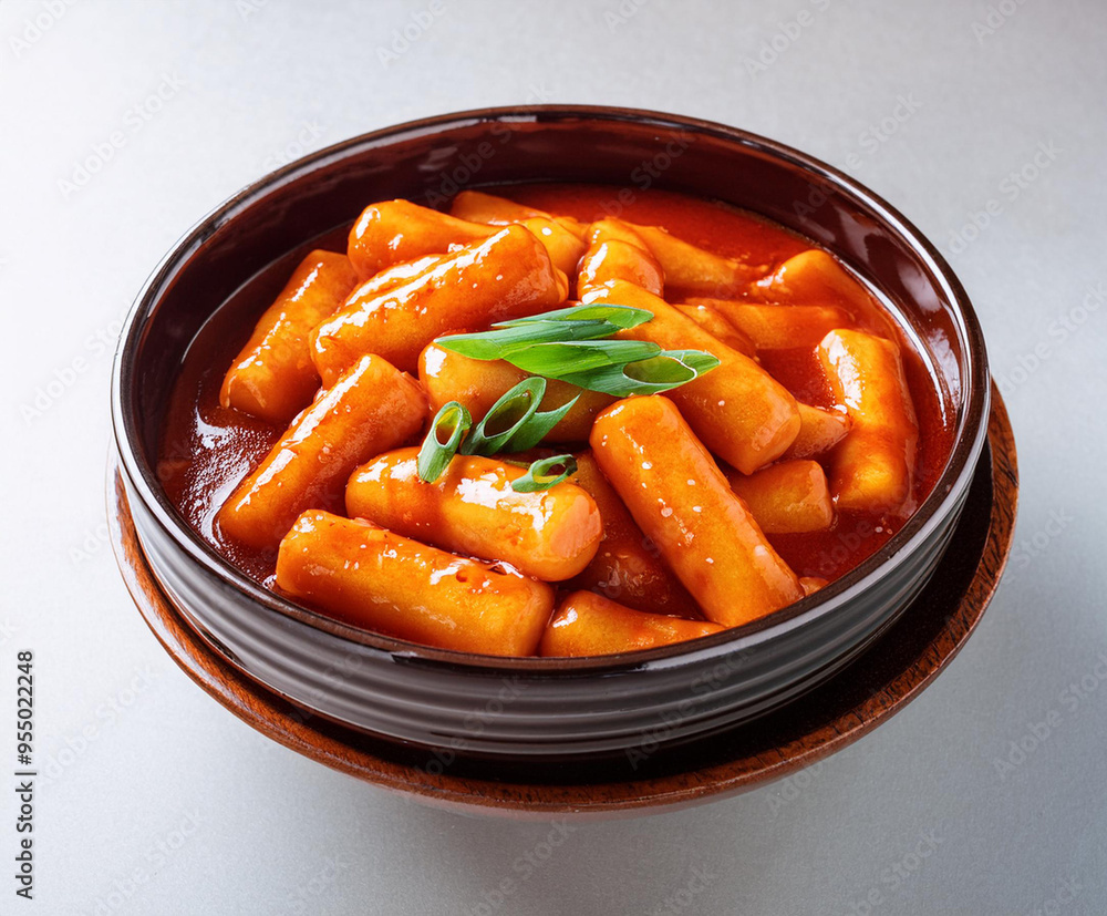Tteokbokki (simmered rice cake) on a large bowl. The concept of ...