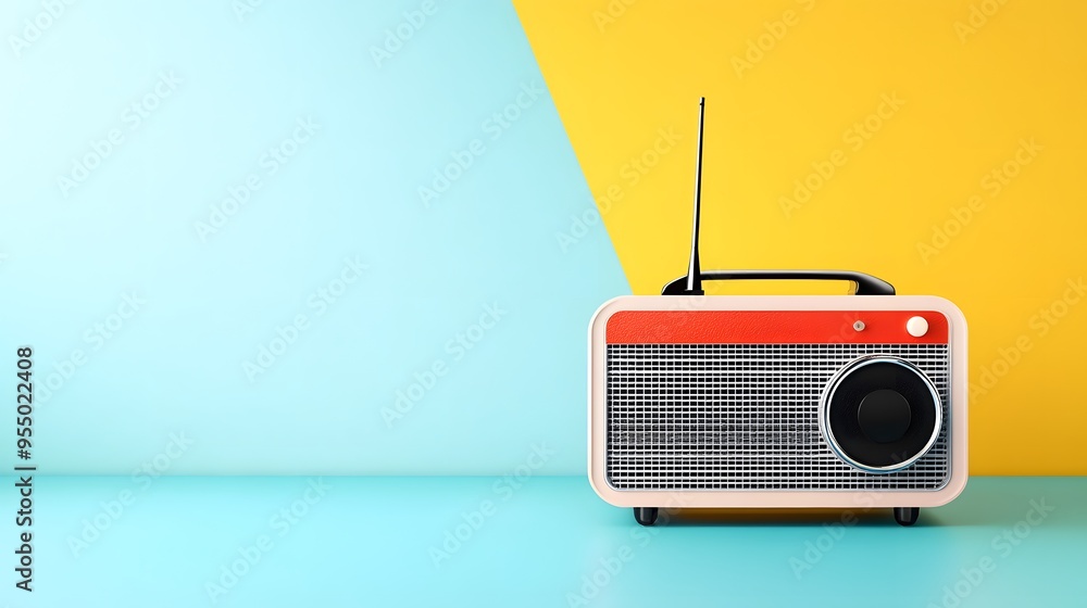 90s-inspired radio design with bold color blocking and abstract ...