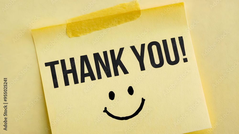 Yellow Sticky Note with 'THANK YOU!' Text and Smiley Face, Taped to a ...