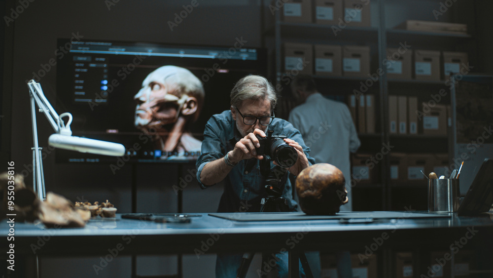 Poster Mature archaeologist takes photo of fossil remains of ...