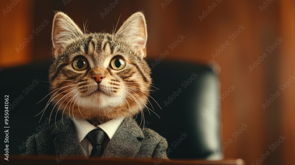 Cute tabby cat dressed in a business suit sitting on a chair, looking ...
