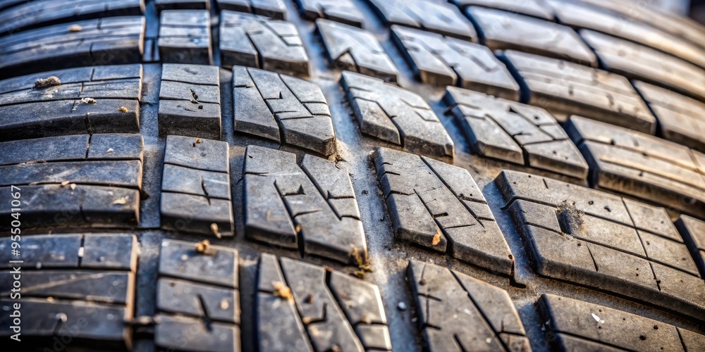 A close-up view of a worn tire tread, showing uneven wear patterns ...