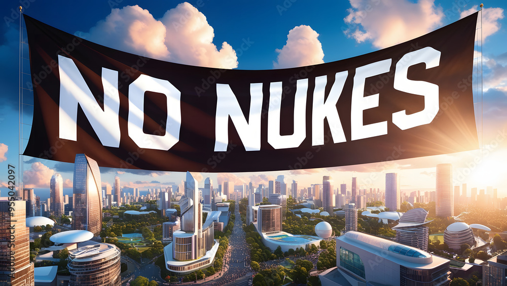 Large Banner with NO NUKES Text Flying Over Cityscape Illuminated by ...