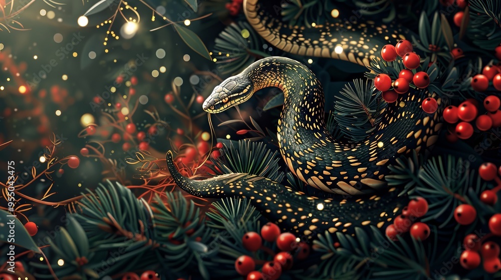 A snake 2025 symbol is curled up in a leafy green bush with red berries ...