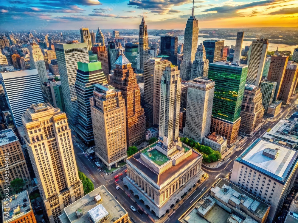 Aerial view of a bustling financial district with sleek skyscrapers ...
