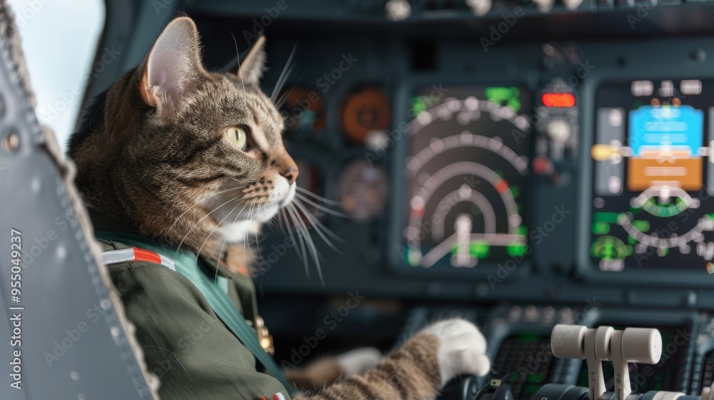 A cat dressed as a pilot sits in the cockpit of an airplane, looking ...