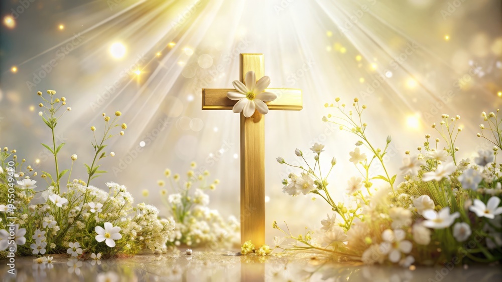 Golden Christian cross symbol on a serene white background, surrounded ...