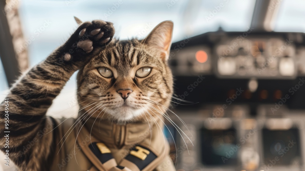 Cute tabby cat in cockpit saluting confidently, dressed as a pilot ...