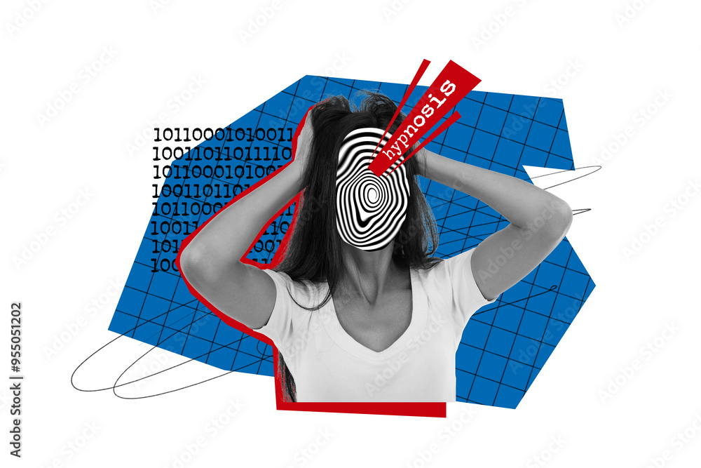 Collage picture of black white colors girl hypnosis instead face hands ...