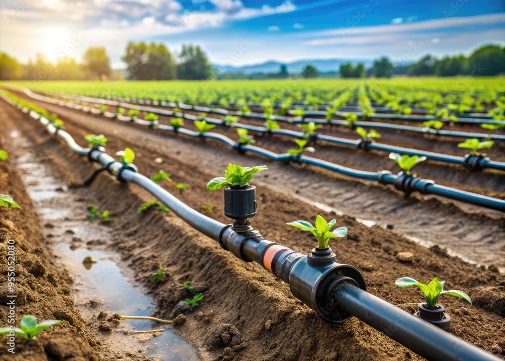 Agricultural machine installs drip irrigation emitters in a field ...