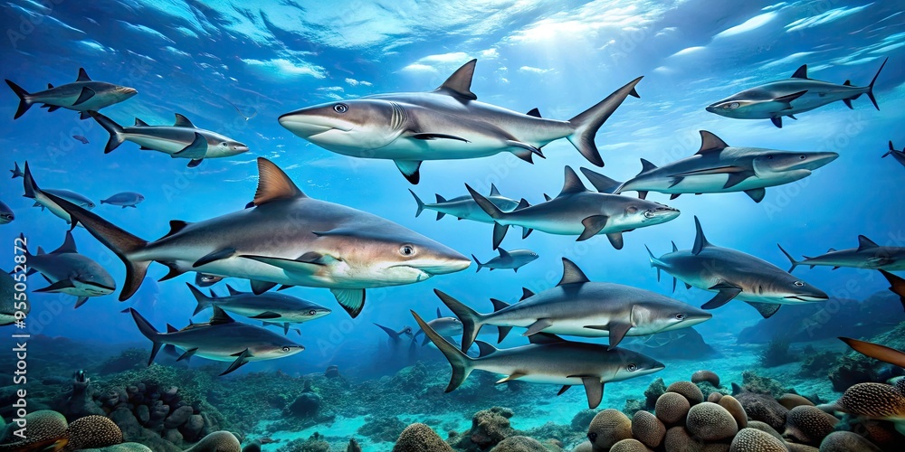A large group of sharp-toothed sharks swim together in unison, their ...