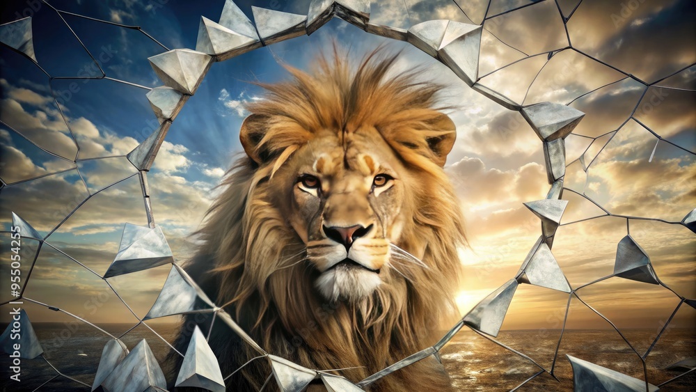 A majestic lion's head towers above a cracked mirror's shards ...