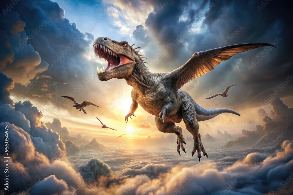 A majestic, winged Tyrannosaurus Rex soars through a stormy ...